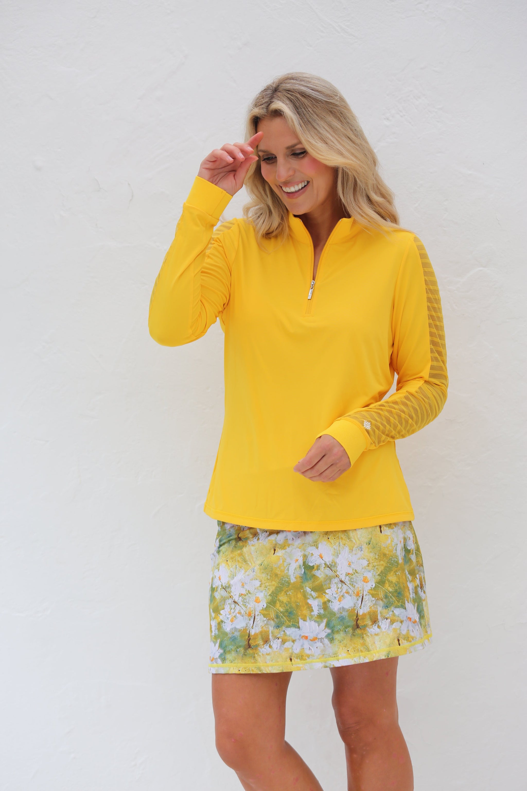 Sheer Sleeve Golf Shirt-Marigold